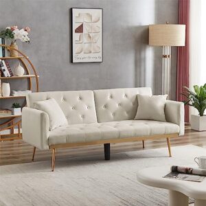 Anwick Modern Velvet 2 in 1 Futon Sofa Bed,Convertible Folding Sleeper Bed Couches with 2 Pillows,73" Tufted Recliner Love Seat with Golden Chrome Legs for Living Room Apartment Office (Beige-New)