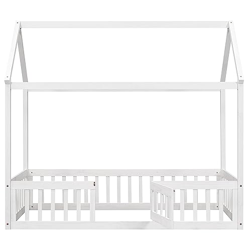 Merax Twin Size Wood House Bed with Fence and Door, Wooden Bedframe with Roof for Teens, Boys or Girls, White