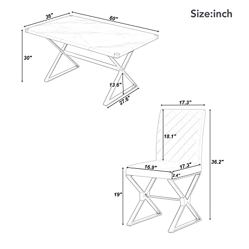 CITYLIGHT 7-Piece Kitchen Dining Table Set,Rectangular Marble Texture Table and 6 PU Leather Chairs with X-Shaped Gold Steel Pipe Legs,Modern Table Chairs Set for Dining Room(White+Gold)