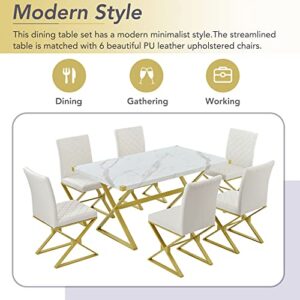 CITYLIGHT 7-Piece Kitchen Dining Table Set,Rectangular Marble Texture Table and 6 PU Leather Chairs with X-Shaped Gold Steel Pipe Legs,Modern Table Chairs Set for Dining Room(White+Gold)