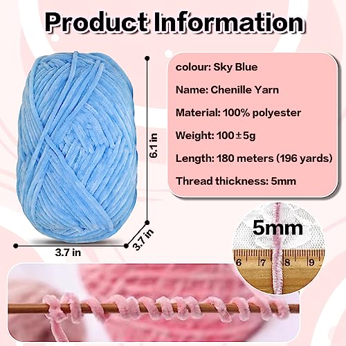 1 PCS 100g Soft Chenille Yarn Velvet Yarn for Crocheting,Fluffy Yarn for Knitting and Crochet DIY Craft,Warm Yarn for Bag Hat Scarve Clothe Gloves Slippers Doll（Sky Blue）