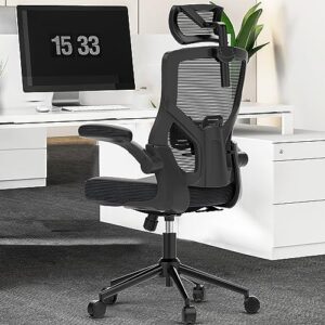 𝑯𝑶𝑴𝑬 𝑶𝑭𝑭𝑰𝑪𝑬 𝑪𝑯𝑨𝑰𝑹, ergonomic mesh desk chair, high back computer chair- adjustable headrest with flip-up arms, lumbar support, swivel executive task chair (modern, black)