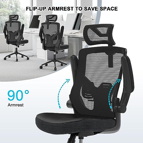 𝑯𝑶𝑴𝑬 𝑶𝑭𝑭𝑰𝑪𝑬 𝑪𝑯𝑨𝑰𝑹, Ergonomic Mesh Desk Chair, High Back Computer Chair- Adjustable Headrest with Flip-Up Arms, Lumbar Support, Swivel Executive Task Chair (Modern, Black)