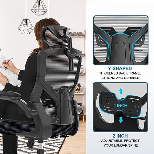 𝑯𝑶𝑴𝑬 𝑶𝑭𝑭𝑰𝑪𝑬 𝑪𝑯𝑨𝑰𝑹, Ergonomic Mesh Desk Chair, High Back Computer Chair- Adjustable Headrest with Flip-Up Arms, Lumbar Support, Swivel Executive Task Chair (Modern, Black)