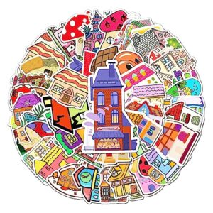 50pcs cartoon houses and castles stickers, vinyl mushroom houses stickers for water bottles,laptops,phones,scrapbooking,journaling, mug decals-perfect party favors for kids,boys,girls,teens