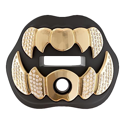 LeCool Football Mouth Guard with Connected Strap - 3D Beast Chrome Design for Maximum Air Flow and Teeth Protection - Perfect for Sports and Braces - Dental Warranty Included (Black)