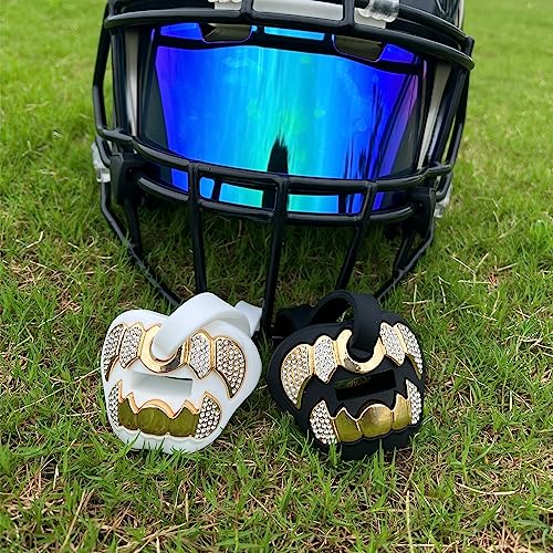 LeCool Football Mouth Guard with Connected Strap - 3D Beast Chrome Design for Maximum Air Flow and Teeth Protection - Perfect for Sports and Braces - Dental Warranty Included (Black)