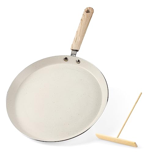 Zalnuuk Crepe Pan, 10 Inch Dosa Pan with Spreader, Nonstick Dosa Tawa for All Stove, Tortilla Pan with Detachable Handle, White Pancake Pan