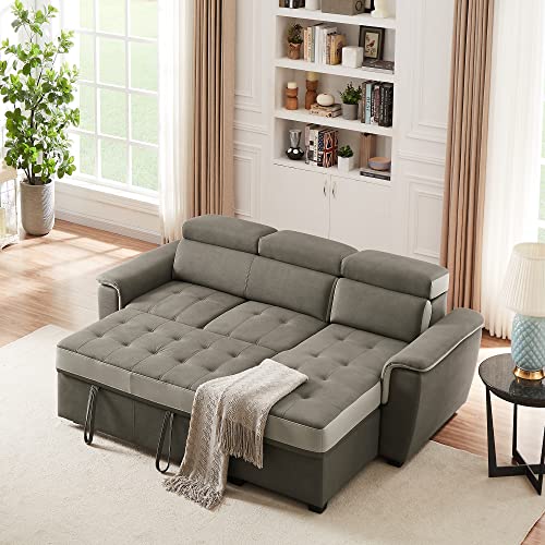 Pull-Out Sleeper Sofa, Faux Leather Sectional Sofa Bed, Modern Tufted L Shaped Conversible Sleeper Couch with Storage Chaise for Living Room