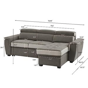 Pull-Out Sleeper Sofa, Faux Leather Sectional Sofa Bed, Modern Tufted L Shaped Conversible Sleeper Couch with Storage Chaise for Living Room