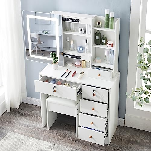 Makeup Vanity with Lights,Vanity Desk Set with LED Lighted Mirror,Makeup Vanity Table with 5 Drawers and Stool,White Vanity Set for Girls Women