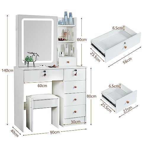 Makeup Vanity with Lights,Vanity Desk Set with LED Lighted Mirror,Makeup Vanity Table with 5 Drawers and Stool,White Vanity Set for Girls Women