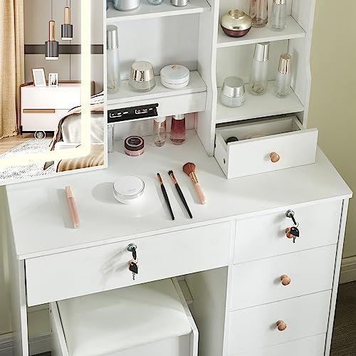 Makeup Vanity with Lights,Vanity Desk Set with LED Lighted Mirror,Makeup Vanity Table with 5 Drawers and Stool,White Vanity Set for Girls Women