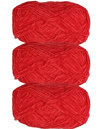 3 PCS 120g Soft Chenille Yarn Velvet Yarn for Crocheting,Fluffy Yarn for Knitting and Croche DIY Craft,Warm Yarn for Bag Hat Scarve Clothe Gloves Slippers Doll(Red)