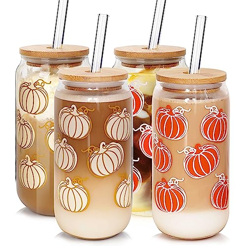 Fall Coffee Mug - Unique Autumn Decor & Iced Coffee Cup Fall Decor Pumpkin Mug with Pumpkin Decorations Thanksgiving Fall Wedding Tumbler Can Shaped Fall Cups with Bamboo Lid Glass Straw - 18oz