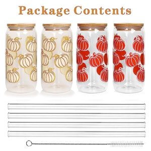 Fall Coffee Mug - Unique Autumn Decor & Iced Coffee Cup Fall Decor Pumpkin Mug with Pumpkin Decorations Thanksgiving Fall Wedding Tumbler Can Shaped Fall Cups with Bamboo Lid Glass Straw - 18oz