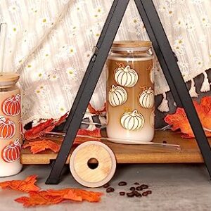 Fall Coffee Mug - Unique Autumn Decor & Iced Coffee Cup Fall Decor Pumpkin Mug with Pumpkin Decorations Thanksgiving Fall Wedding Tumbler Can Shaped Fall Cups with Bamboo Lid Glass Straw - 18oz