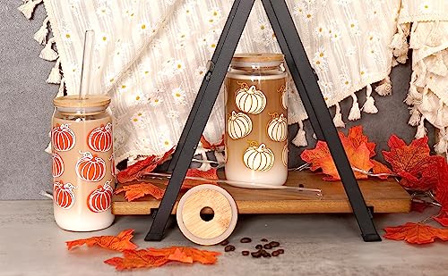 Fall Coffee Mug - Unique Autumn Decor & Iced Coffee Cup Fall Decor Pumpkin Mug with Pumpkin Decorations Thanksgiving Fall Wedding Tumbler Can Shaped Fall Cups with Bamboo Lid Glass Straw - 18oz