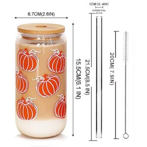 Fall Coffee Mug - Unique Autumn Decor & Iced Coffee Cup Fall Decor Pumpkin Mug with Pumpkin Decorations Thanksgiving Fall Wedding Tumbler Can Shaped Fall Cups with Bamboo Lid Glass Straw - 18oz