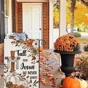 Fall Cross Garden Flags for Outside Decorations, Religious Cross Fall for Jesus with Pumpkins Maple Leaves Small Yard Flag, Harvest Autumn Thanksgiving Seasonal Farmhouse Holiday Outdoor Decor 12x18 Inch Vertical Double Sided