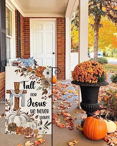 Fall Cross Garden Flags for Outside Decorations, Religious Cross Fall for Jesus with Pumpkins Maple Leaves Small Yard Flag, Harvest Autumn Thanksgiving Seasonal Farmhouse Holiday Outdoor Decor 12x18 Inch Vertical Double Sided