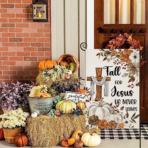 Fall Cross Garden Flags for Outside Decorations, Religious Cross Fall for Jesus with Pumpkins Maple Leaves Small Yard Flag, Harvest Autumn Thanksgiving Seasonal Farmhouse Holiday Outdoor Decor 12x18 Inch Vertical Double Sided