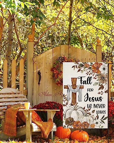 Fall Cross Garden Flags for Outside Decorations, Religious Cross Fall for Jesus with Pumpkins Maple Leaves Small Yard Flag, Harvest Autumn Thanksgiving Seasonal Farmhouse Holiday Outdoor Decor 12x18 Inch Vertical Double Sided