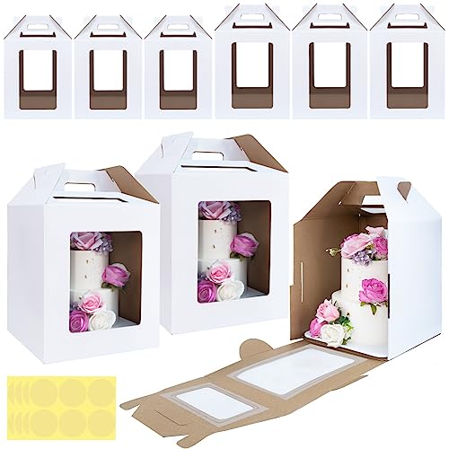 Monrocco 6 Pack Tall Cake Boxes for Tier Cakes - Large Cake Box with Window and Handle in 2 Sizes 10x10x12 & 12x12x14 Inch, Tiered Cake box Disposable Cake Container for Wedding Party Birthday