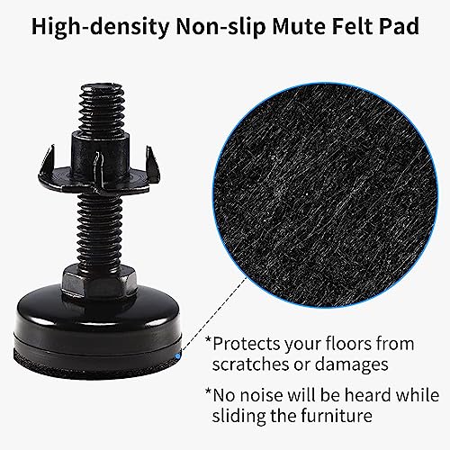 WEICHEN 4 Pack Adjustable Furniture Leveling Feet for Cabinets Sofas Chairs, 3/8"-16 Thread Heavy Duty Adjustable Table Feet Levelers Large with Cushioned Felt Pads, Black