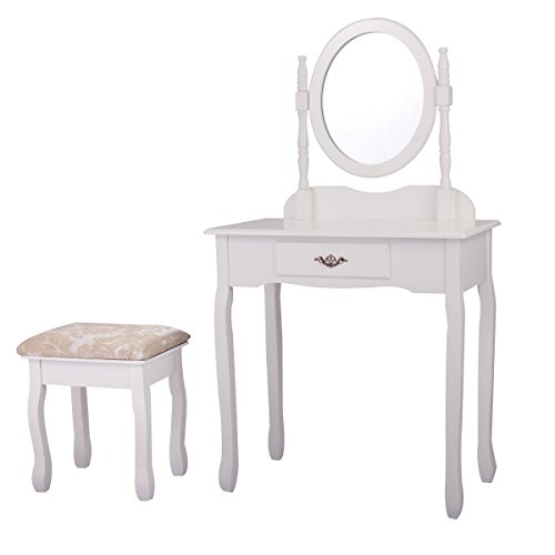 Nigwedete Vanity Table Set with Chair, Makeup Dressing Table with Mirror and Large Drawer, Vanity Table with Thick Padded Stool, White