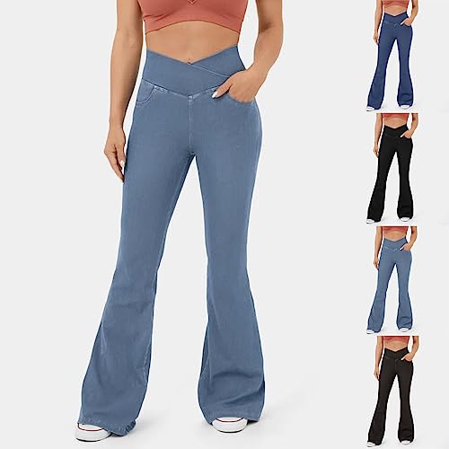 Sukilimiy Women Ultra High Rise Stretch Flare Jeans High Waisted Crossover Knit Denim Flare Pants with Pockets Casual Bootcut Jeans Tummy Control Bootleg Yoga Pants Workout Bell Bottom Leggings