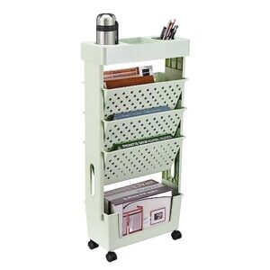 5 tier book rack storage bookshelf, movable bookshelf multilayer capacity rotatable removable plastic practical rolling organization shelf with wheel, bookshelves for kids students study (green)