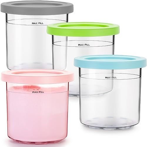 GOHOHOF Ice Cream Pint Containers for Ninja Creami Pints and Lids - 4 Pack Extra Replacement Pints for Ninja Creami NC301, NC300, CN301CO, CN305A NC301Series 7-in-1 Ice Cream Maker Colored Lids