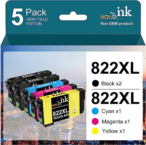 5 Pack 822XL Remanufactured Replacement for Epson 822XL Ink Cartridges T822XL for EPSON Workforce Pro WF-3820 WF-4820 WF-4830 WF-4833 WF-4834 Printers (2 Black, 1 Cyan, 1 Magenta, 1 Yellow)