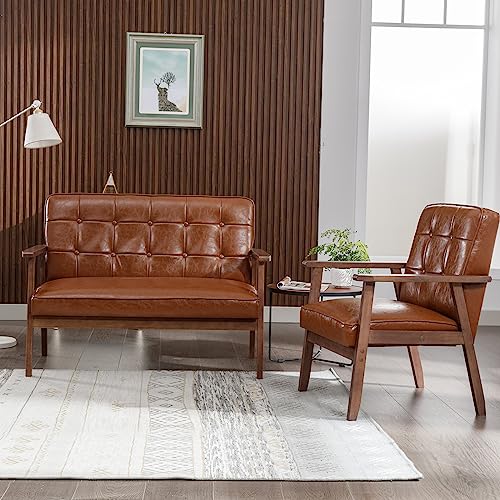 Okeysen Modern Loveseat Sofa Set,Living Room Furniture Sets,Upholstered Leather Couch Love Seats 2-Seat & Accent Chair,Small Couches for Small Spaces Living Room,Apartment,Office(Brown)