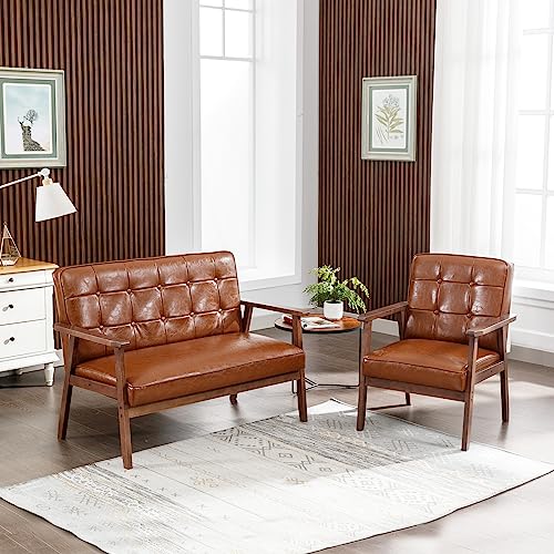 Okeysen Modern Loveseat Sofa Set,Living Room Furniture Sets,Upholstered Leather Couch Love Seats 2-Seat & Accent Chair,Small Couches for Small Spaces Living Room,Apartment,Office(Brown)