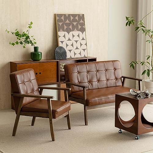 Okeysen Modern Loveseat Sofa Set,Living Room Furniture Sets,Upholstered Leather Couch Love Seats 2-Seat & Accent Chair,Small Couches for Small Spaces Living Room,Apartment,Office(Brown)