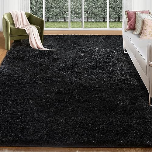 Super Soft Area Rugs for Living Room 5x7 Black, Fluffy Furry Shaggy Fuzzy Area Rug, Upgrade Anti-Skid Durable Rectangular, High Pile Soft Throw Rug for Bedroom and Kids Room, Home Decor Aesthetic