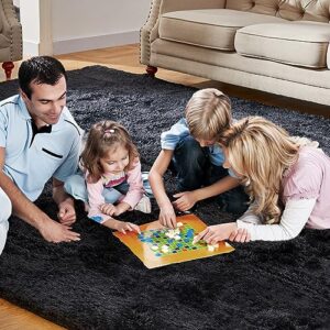 Super Soft Area Rugs for Living Room 5x7 Black, Fluffy Furry Shaggy Fuzzy Area Rug, Upgrade Anti-Skid Durable Rectangular, High Pile Soft Throw Rug for Bedroom and Kids Room, Home Decor Aesthetic