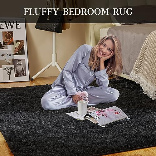 Super Soft Area Rugs for Living Room 5x7 Black, Fluffy Furry Shaggy Fuzzy Area Rug, Upgrade Anti-Skid Durable Rectangular, High Pile Soft Throw Rug for Bedroom and Kids Room, Home Decor Aesthetic