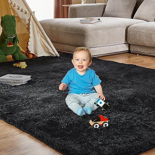 Super Soft Area Rugs for Living Room 5x7 Black, Fluffy Furry Shaggy Fuzzy Area Rug, Upgrade Anti-Skid Durable Rectangular, High Pile Soft Throw Rug for Bedroom and Kids Room, Home Decor Aesthetic