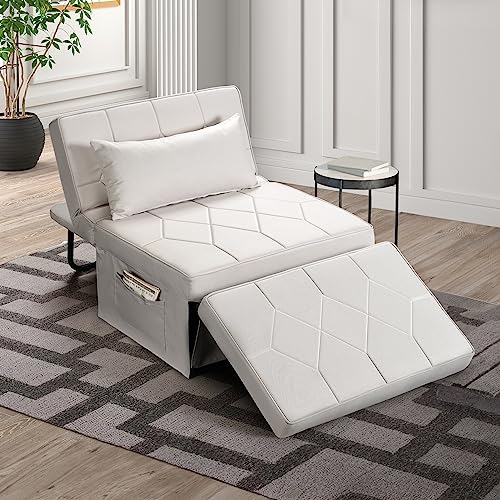 Sofa Bed, Convertible Chair, 4 in 1 Multi-Function Folding Ottoman, Couch Bed with Adjustable Backrest, Couch Bed for Living Room, Apartment, Office, Modern, Linen, White