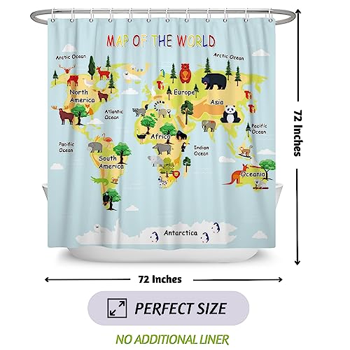 Animal World Map Children's Shower Curtain Fun Cartoon Educational Tools Plants Marine Waterproof Fabric Bathroom 72 X 72 Inches with Hooks…