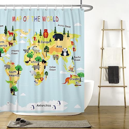 Animal World Map Children's Shower Curtain Fun Cartoon Educational Tools Plants Marine Waterproof Fabric Bathroom 72 X 72 Inches with Hooks…