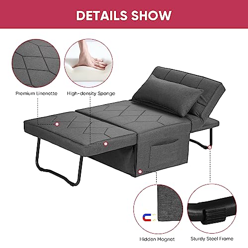 Sofa Bed, Convertible Chair, 4 in 1 Multi-Function Folding Ottoman, Couch Bed with Adjustable Backrest, Couch Bed for Living Room, Apartment, Office, Modern, Linen, Dark Grey