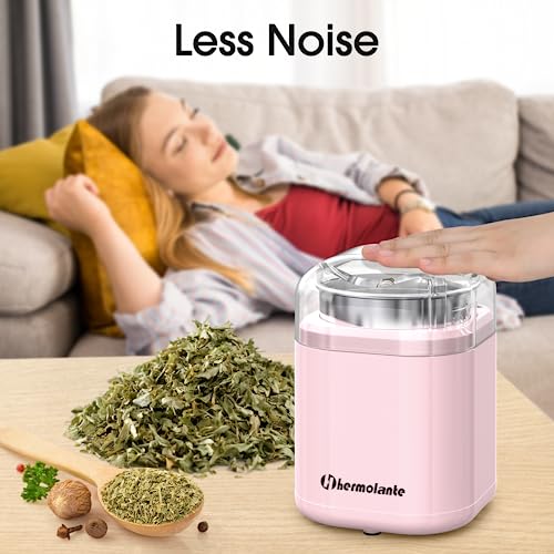 Hermolante Herb Grinder Spice Grinder, 200 w Herb Grinder with Stainless Steel Blade and Cleaning Brush, Compact Size Electric Grinder for Herbs and Spices - 5.11in (Pink)