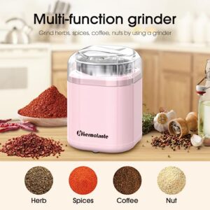 Hermolante Herb Grinder Spice Grinder, 200 w Herb Grinder with Stainless Steel Blade and Cleaning Brush, Compact Size Electric Grinder for Herbs and Spices - 5.11in (Pink)