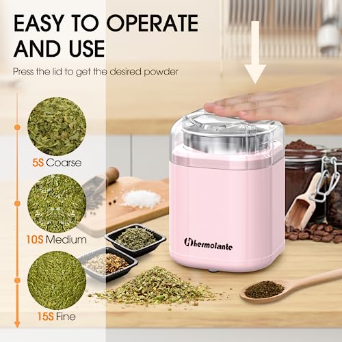 Hermolante Herb Grinder Spice Grinder, 200 w Herb Grinder with Stainless Steel Blade and Cleaning Brush, Compact Size Electric Grinder for Herbs and Spices - 5.11in (Pink)