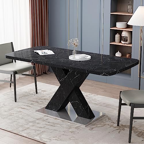 Pvillez Marble Expandable Dining Table, Modern Marble Dining Table for 4-6 People, Extendable Dining Room Table with Black Marble Top & Crossed Pedestal Base, Rectangle Ktchen Table for Dining Room