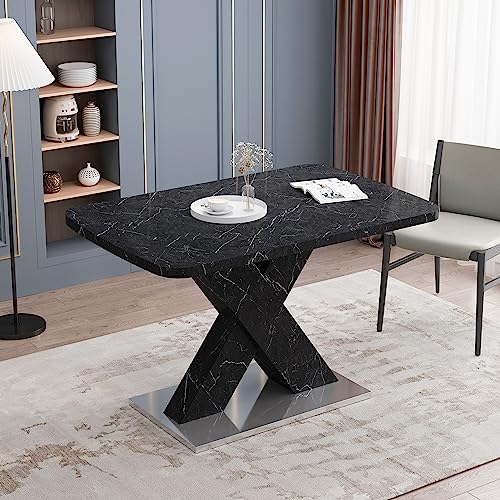 Pvillez Marble Expandable Dining Table, Modern Marble Dining Table for 4-6 People, Extendable Dining Room Table with Black Marble Top & Crossed Pedestal Base, Rectangle Ktchen Table for Dining Room